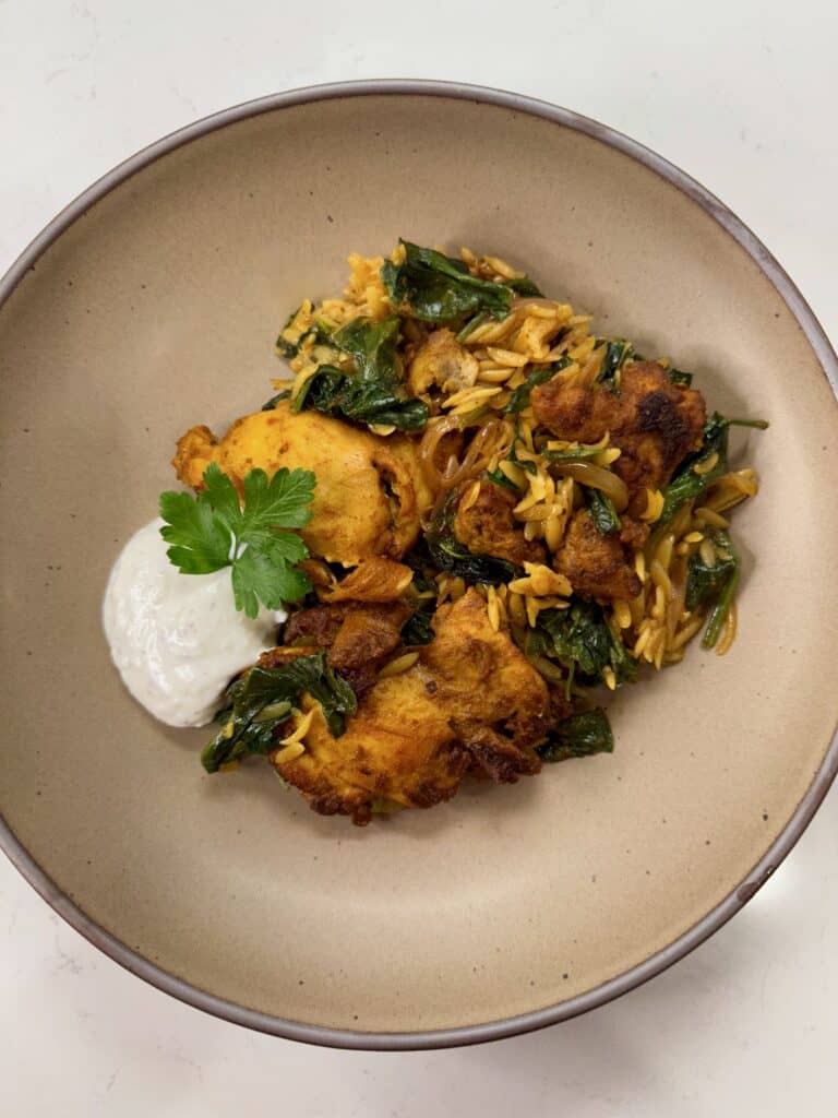 Chicken Shawarma Orzo with Yogurt Sauce - Carol Bee Cooks