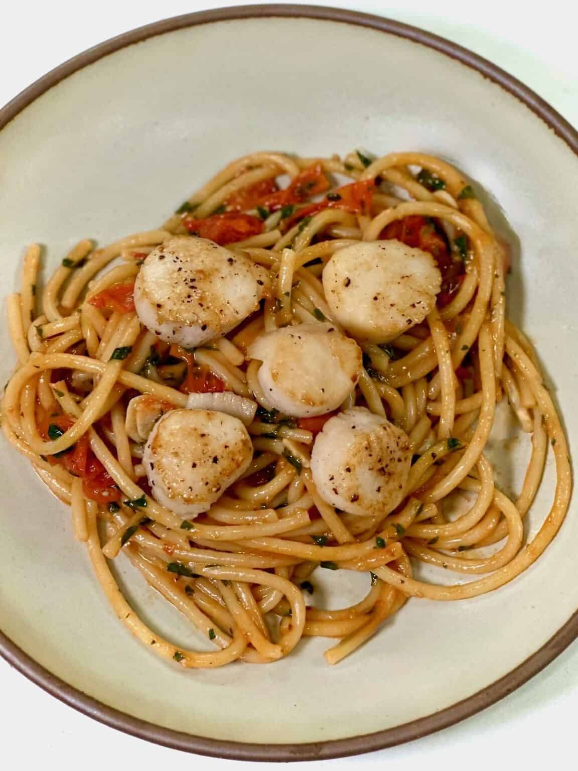 Burst Tomato Pasta with Seared Scallops - Carol Bee Cooks